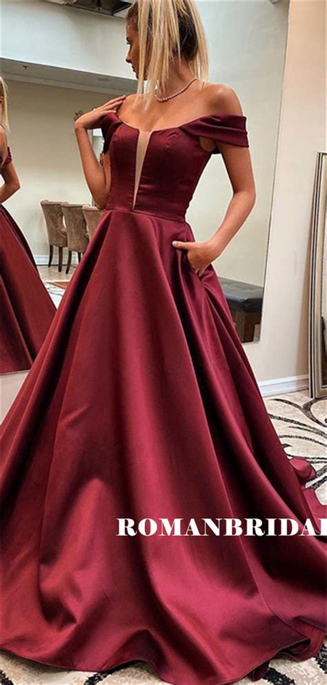A Line Off Shoulder V Neck Elegant Simple Long Satin Prom Dresses Pd0