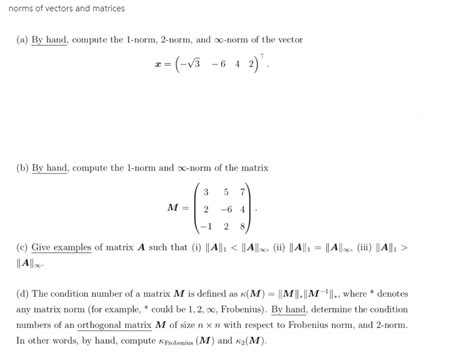 Solved Norms Of Vectors And Matrices A By Hand Compute Chegg Com