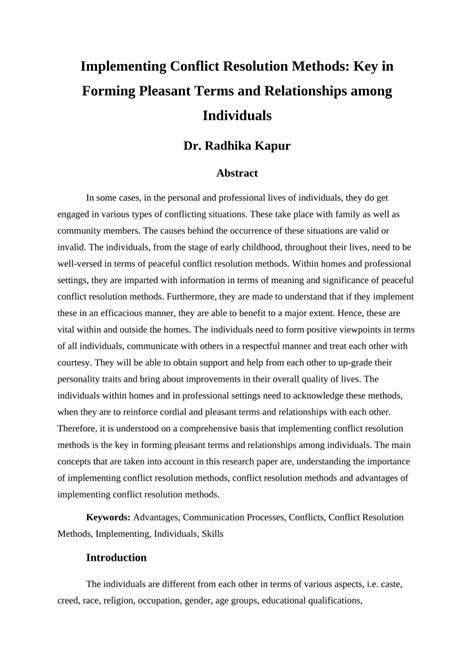 Pdf Implementing Conflict Resolution Methods Key In Forming Pleasant Terms And Relationships