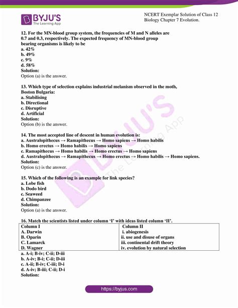 Ncert Exemplar Solutions Class 12 Biology Chapter 7 Evolution Learn With This Pdf Here