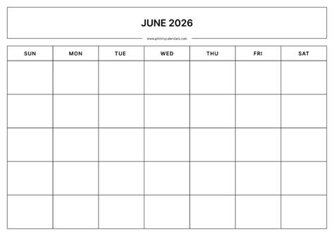 June 2026 Calendar Printable Pdf Blank Aesthetic Templates