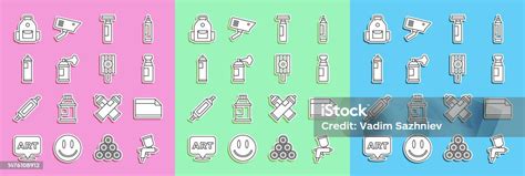 세트 라인 페인트 스프레이 건 종이 접착 스티커 마커 펜 캔 학교 배낭 및 스프레이 노즐 캡 아이콘 벡터 Brand Name Online Messaging Platform에