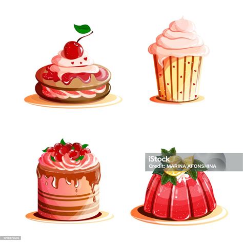 체리와 초콜릿 맛있는 페이스트리를 곁들인 달콤한 크리미한 디저트 페이스트리 세트 격리 된 과자 벡터 생일 케이크 프로스팅 향료 장식 세트 0명에 대한 스톡 벡터 아트 및