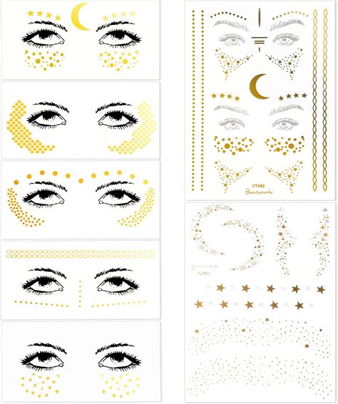 7 Sheets Face Metallic Tattoo Stickers Gold Face Temporary
