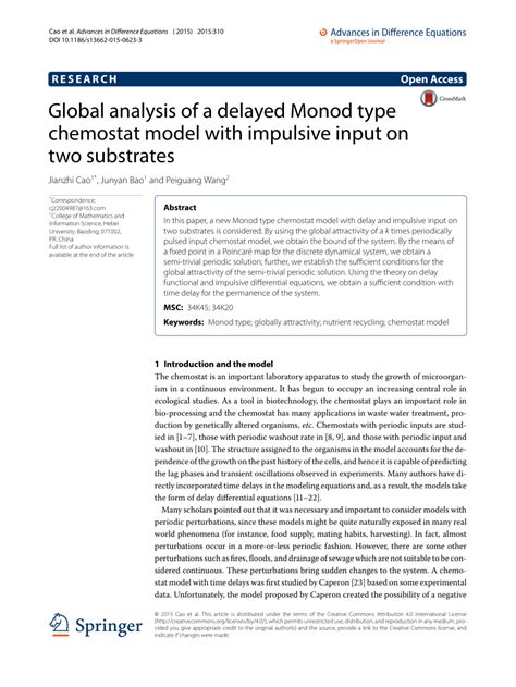 Pdf Global Analysis Of A Delayed Monod Type Chemostat Model With Impulsive Input On Two Substrates