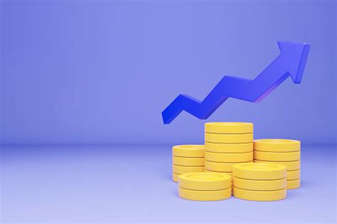 성장 위쪽 화살표 그래프 차트가 있는 코인 스택 무역 금융 자본 및 돈 증가 개념 3d 렌더 만화 최소한 단순성 보라색과 금색 점토 경제 투자 사업 개념에 대 한 통화 0