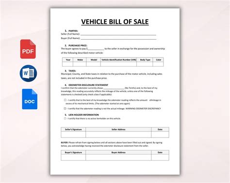 Vehicle Bill Of Sale Template Printable Car Sale Form Bill Of Sale