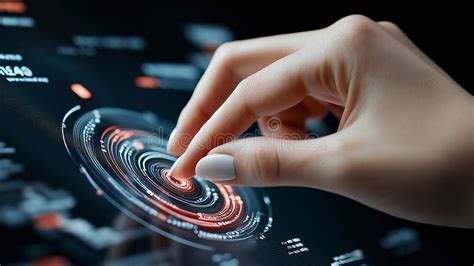 Businesswoman Using Futuristic Interactive Touch Screen Interface Displaying Graphs And Charts