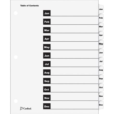 Cardinal Onestep Monthly Index System 12 X Dividers Printed Tabs
