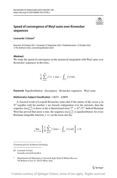 Pdf Speed Of Convergence Of Weyl Sums Over Kronecker Sequences