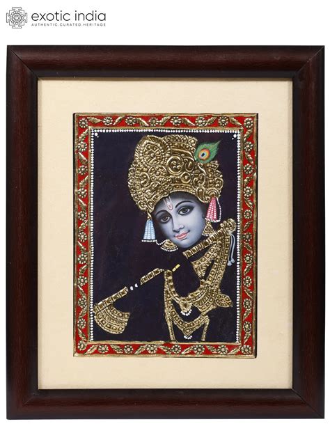 Bhagawan Krishna Playing Flute Tanjore Painting With Frame Exotic