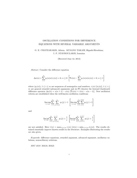 Pdf Oscillation Conditions For Difference Equations With Several Variable Arguments