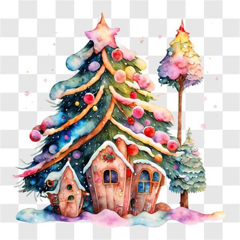 Baixe Árvore de Natal em Aquarela Festiva Decorações Coloridas PNG
