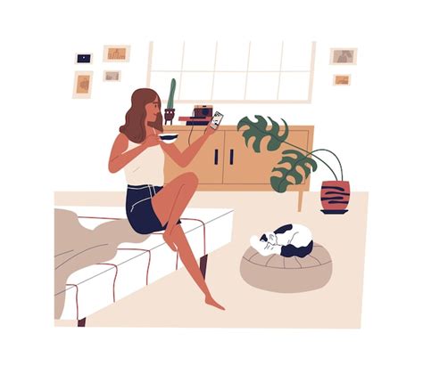 Premium Vector Young Woman Taking Photo Of Cute Sleeping Cat Female