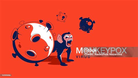 원숭이 두 바이러스 의료 배너 붉은 배경에 바이러스 세포가있는 사악한 위험한 원숭이 원숭이수두에 대한 스톡 벡터 아트 및 기타 이미지 원숭이수두 0명 2022년