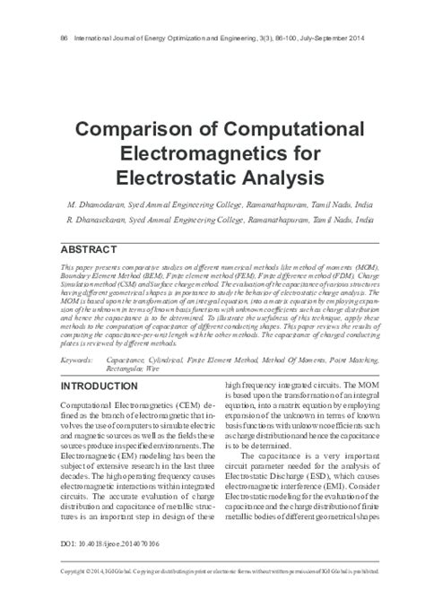 Pdf Comparison Of Computational Electromagnetics For Electrostatic Analysis