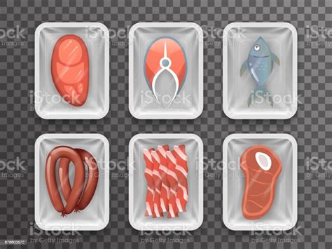 고기 생선 소시지 베이컨 안심 일회용 식품 팩 격리 3d 현실적인 쇼핑 패키지 상자 그림자 이랑 투명 배경 디자인 벡터 일러스트 3차원 형태에 대한 스톡 벡터 아트 및 기타