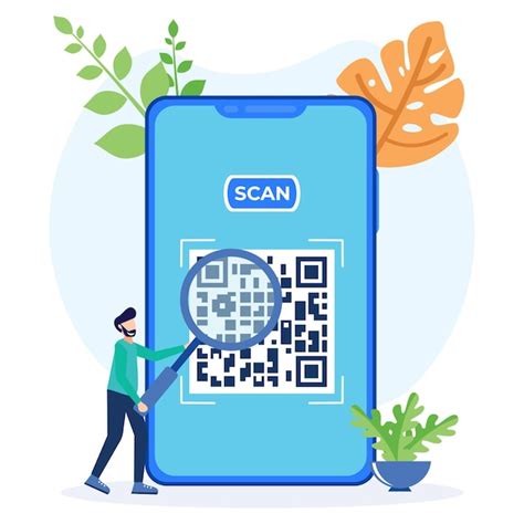 Qr 코드 스캔의 일러스트 벡터 그래픽 만화 캐릭터 프리미엄 벡터