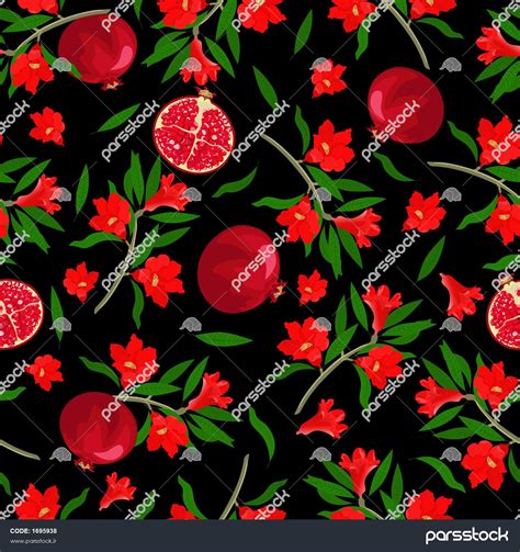 میوه ها و گل های انار در زمینه مشکی الگوی بدون درز وکتور 1695938
