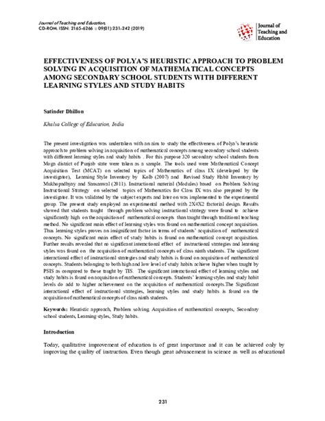 Pdf Effectiveness Of Polyas Heuristic Approach To Problem Solving In Acquisition Of