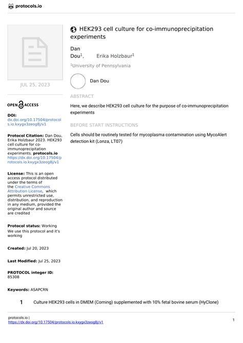 Pdf Hek293 Cell Culture For Co Immunoprecipitation Experiments V1