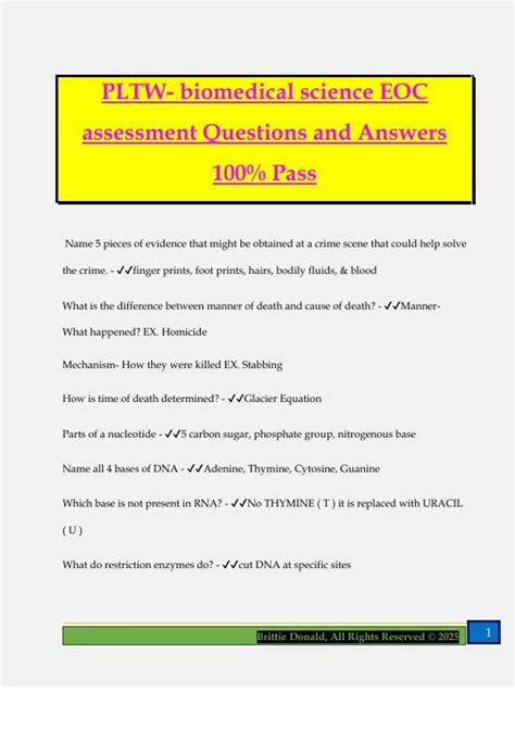 Pltw Biomedical Science Eoc Assessment Questions And Answers 100 Pass Pltw Stuvia Us