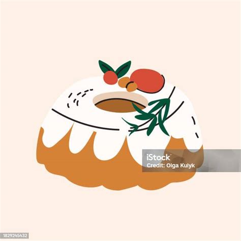 베이지 색 배경에 고립 된 크리스마스 케이크 푸딩 맛 좋은 귀여운 겨울 휴가 파이 와 홀리 베리와 로즈마리 음식 벡터 일러스트