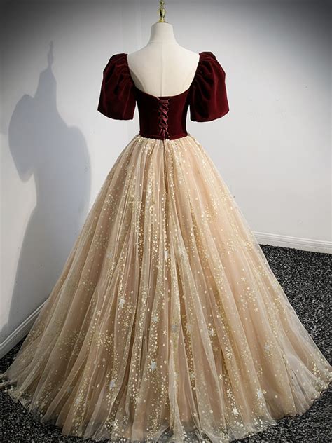 Burgundy Velvet Tulle Long Prom Dress A Line Short Sleeve Evening