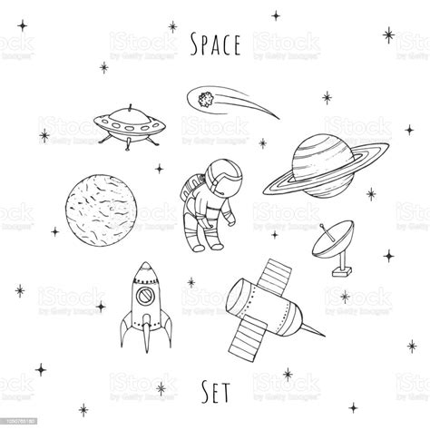 손으로 그린된 벡터 공간 요소 우주 비행사 위성 로켓 행성 별 그리고 Ufo 코스모스 설정 흰색 바탕에 격리 합니다 드로잉에
