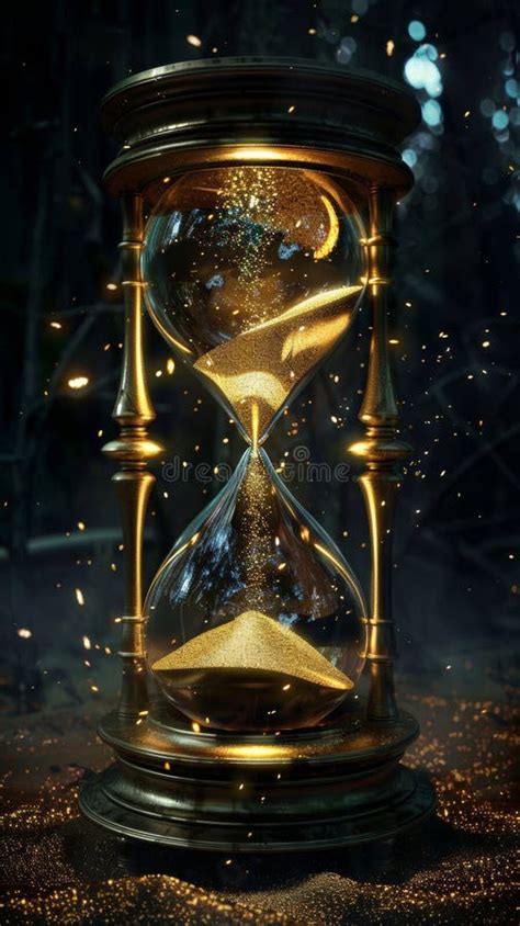 Golden Hourglass With Flowing Sand In Dark Forest Glowing In Sparkles