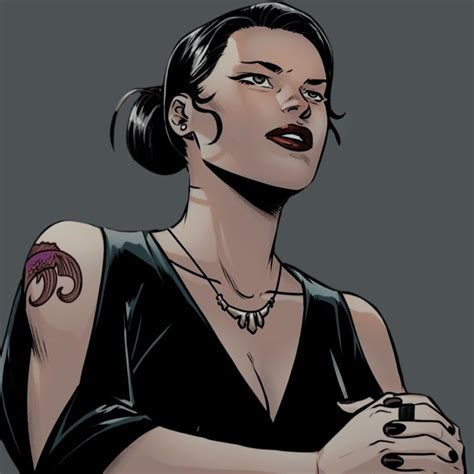 A Drawing Of A Woman With Tattoos On Her Arm And Chest Looking To The Side