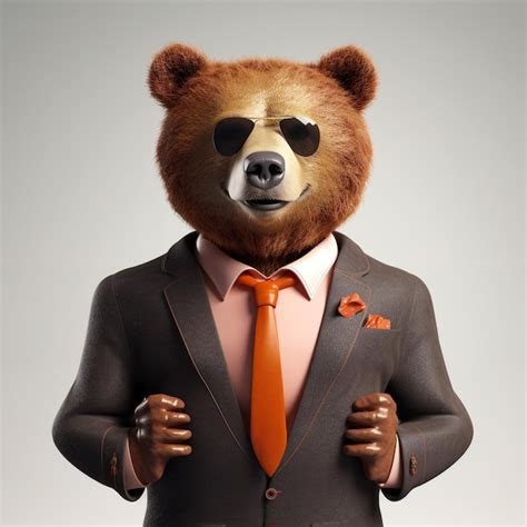 Un Oso Con Traje Y Gafas De Sol Se Para Frente A Un Fondo Gris Foto Premium
