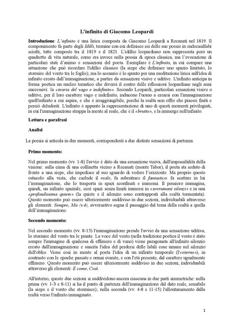 Analisi Del Testo Linfinito Di Giacomo Leopardi Docsity