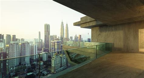 3d Rendering Cityscape View In Balcony Outside Office Glass Railing