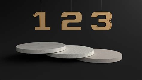 둥근 돌 받침대는 겹치고 검은 바닥에 디스플레이 제품을 위한 연단 최고 연단 우승자와 순위 번호 검은 배경에 고립 미니멀 블랙 일러스트 레이션 3d 렌더링 1에 대한 스톡