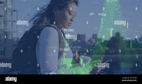 Image Of Data Processing Over Biracial Woman Using Smartphone Stock