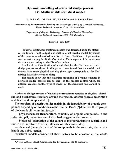 Pdf Dynamic Modelling Of Activated Sludge Process Iv Multivariable Statistical Model