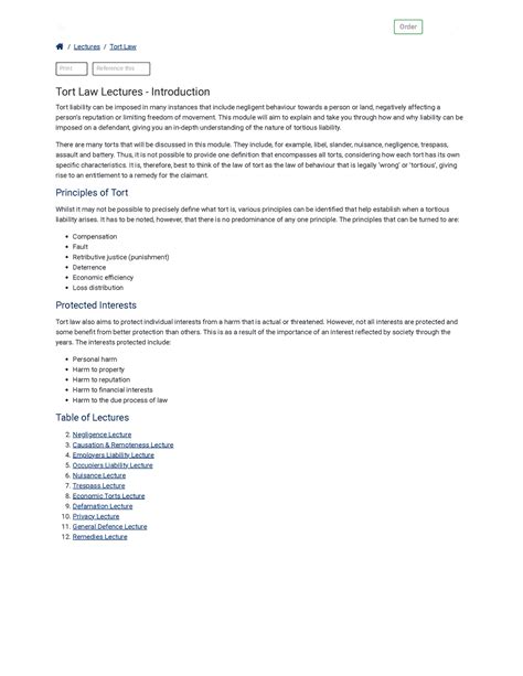 Lecture Introduction To Tort Law Lectures Tort Law Print Reference This Tort Law
