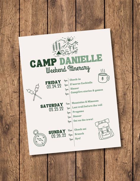 Camp Bachelorette Weekend Itinerary Downloadable Template Etsy