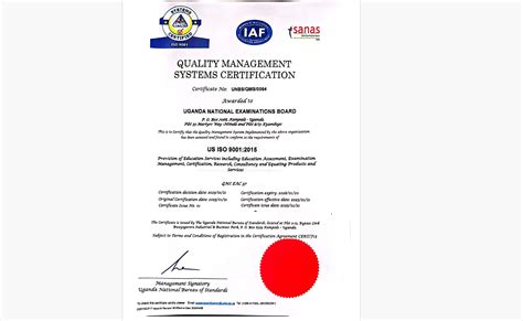 Uneb Awarded Iso 9001 2015 Quality Management Systems Certificate Uneb