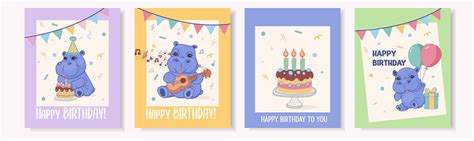 케이크와 함께 귀여운 하마 풍선과 하마를 특징으로하는 인사말 카드 디자인 세트 생일 축하 및 파티 초대에 적합합니다 개체 그룹에 대한 스톡 벡터 아트 및 기타 이미지