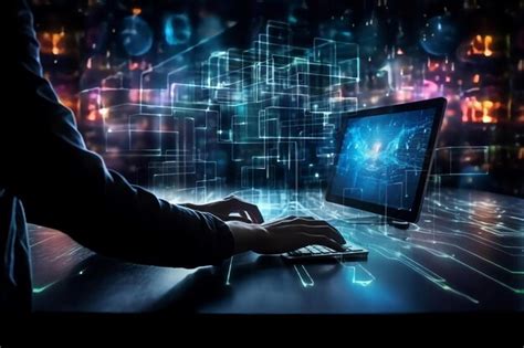 Premium AI Image Man With Computer And Digital Code On Dark Background