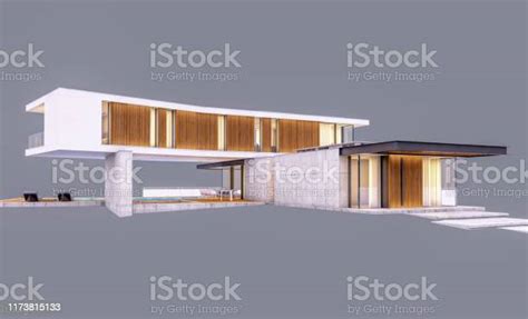 회색에 고립 된 저녁에 수영장과 언덕에 현대 집의 3d 렌더링 0명에 대한 스톡 사진 및 기타 이미지 0명 강철 개념