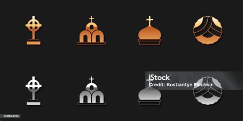 십자가 교회 건물 탑 및 기념 화환 아이콘으로 무덤을 설정하십시오 벡터 0명에 대한 스톡 벡터 아트 및 기타 이미지 0명 건축 건축하기 Istock