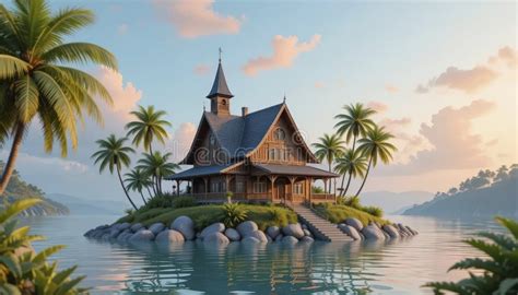 Island Home Getaway Serene Water And Palm Trees Vacation Scene Stock