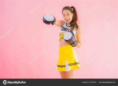 Portrait Beautiful Young Asian Woman Cheerleader Boxing Action Pink