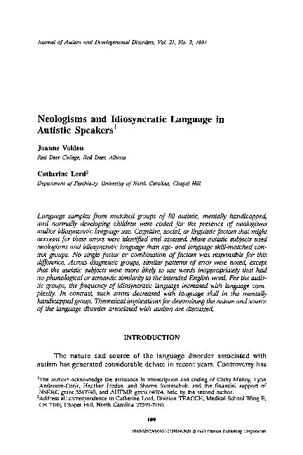 Pdf Neologisms And Idiosyncratic Language In Autistic Speakers