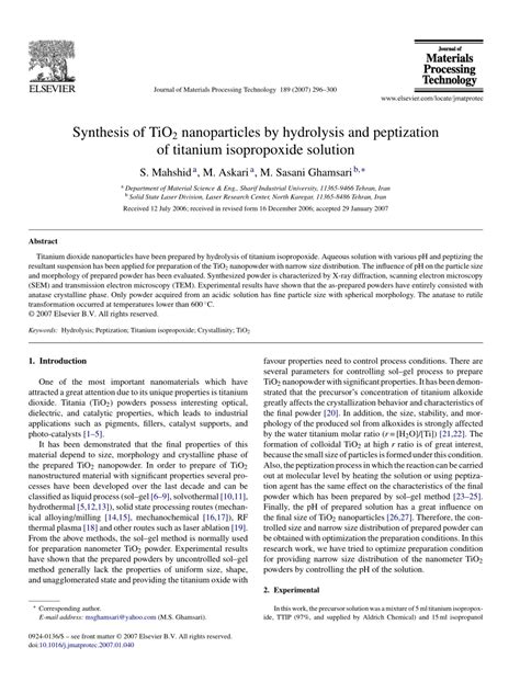Pdf Synthesis Of Tio2 Nanoparticles By Hydrolysis And Peptization Of Titanium Isopropoxide