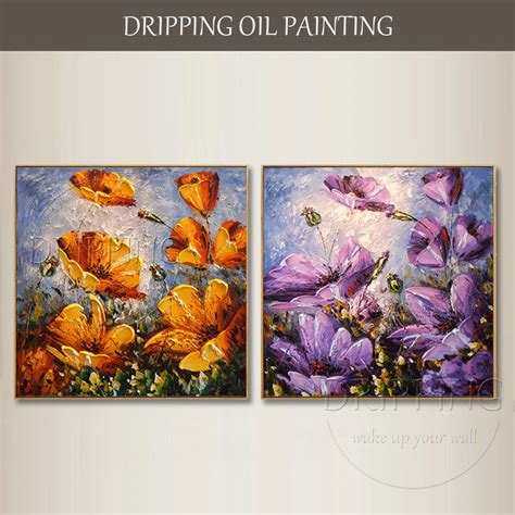 아티스트 손으로 그린 현대 추상 꽃 유화 캔버스 오렌지색 보라색 색상 꽃 유화 칼 그림그림 And 서예 Aliexpress