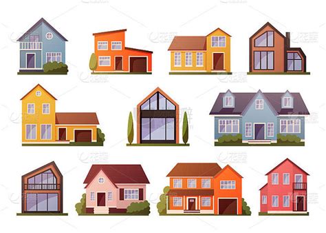 现代的房屋。卡通联排别墅建筑。住宅建筑立面设置。别墅外观具有车库和门廊的当代设计的正面视图。向量城市